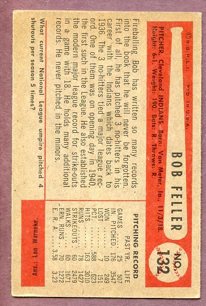 1954 BOWMAN #132 BOB FELLER INDIANS EX-MT 495900 (KYCARDS) | eBay