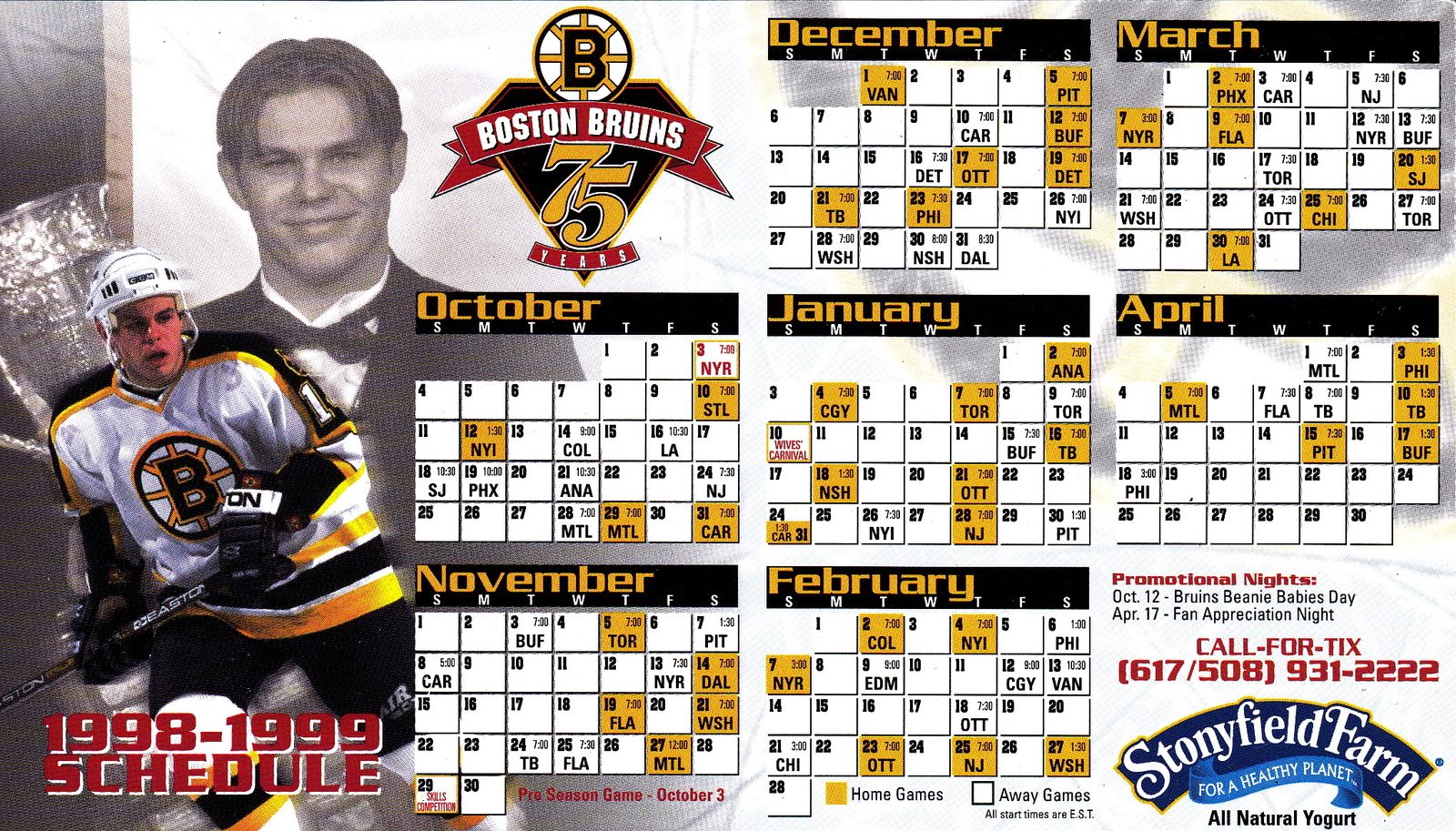 1998-99 BOSTON BRUINS HOCKEY MAGNET MAGNETIC SCHEDULE - 75TH ...