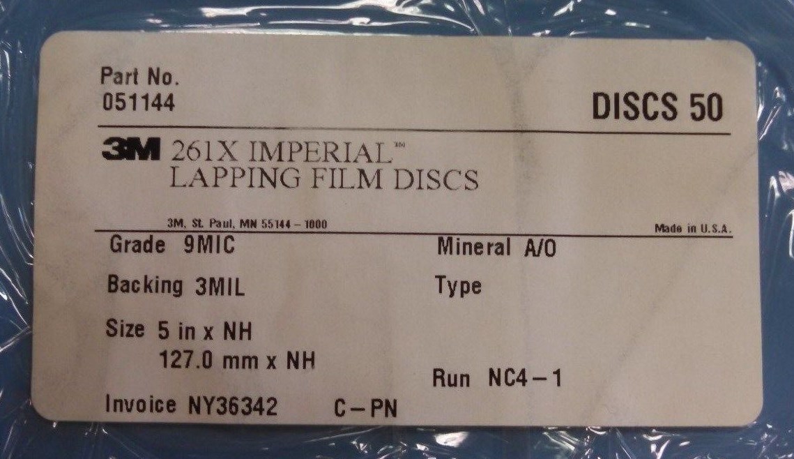 3M LAPPING DISCS 5XNH 9 MIC 3 MIL 261X 90638 ALUMINUM OXIDE 50 DISCS ...