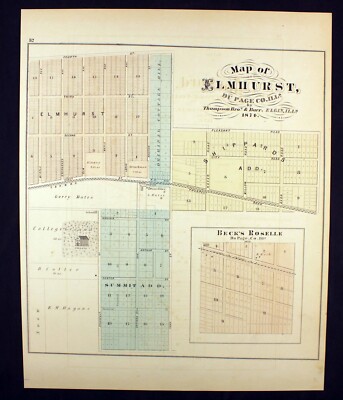 1874 Plat Map City of Elmhurst Du Page County Illinois Beck's Roselle ...