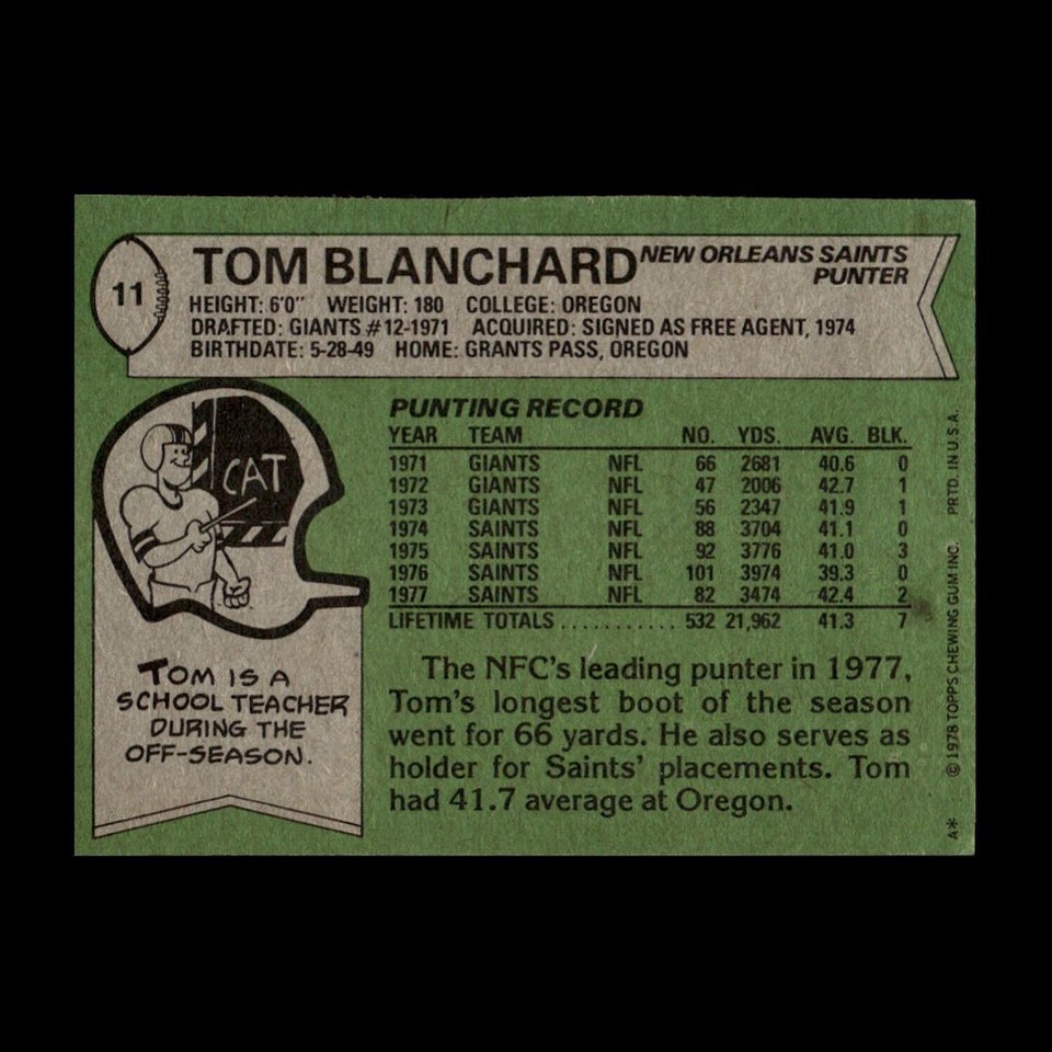 Tom Blanchard 1978 Topps New Orleans Saints #11 R308A 1 | eBay