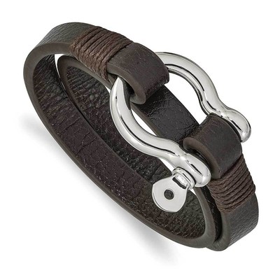 Stainless Steel Polished Brown Leather 16" Wrap Shackle Bracelet | eBay