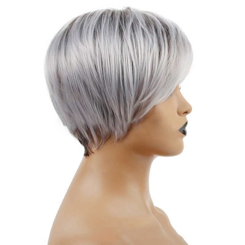 Women Pixie Cut BOB Hair Full Wig Silver Dark Root Short Straight Wigs ...