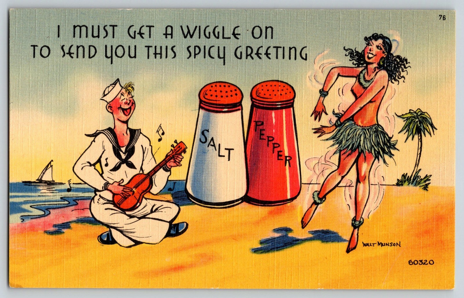 Postcard WW2 Humor Comic Sailor Playing Guitar for Hula Girl - Unposted ...