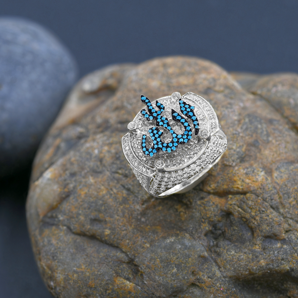 2 Tone Mens 10K White Gold On Pure Silver Lab Diamonds Islamic Allah ...