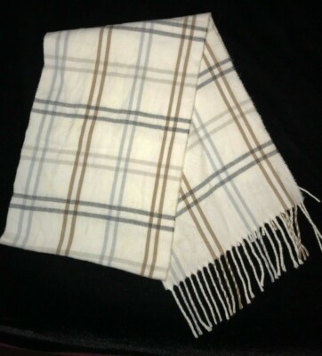 CEJON womens PLAID SCARF made in ITALY white gray blue tan FRINGE TRIM ...