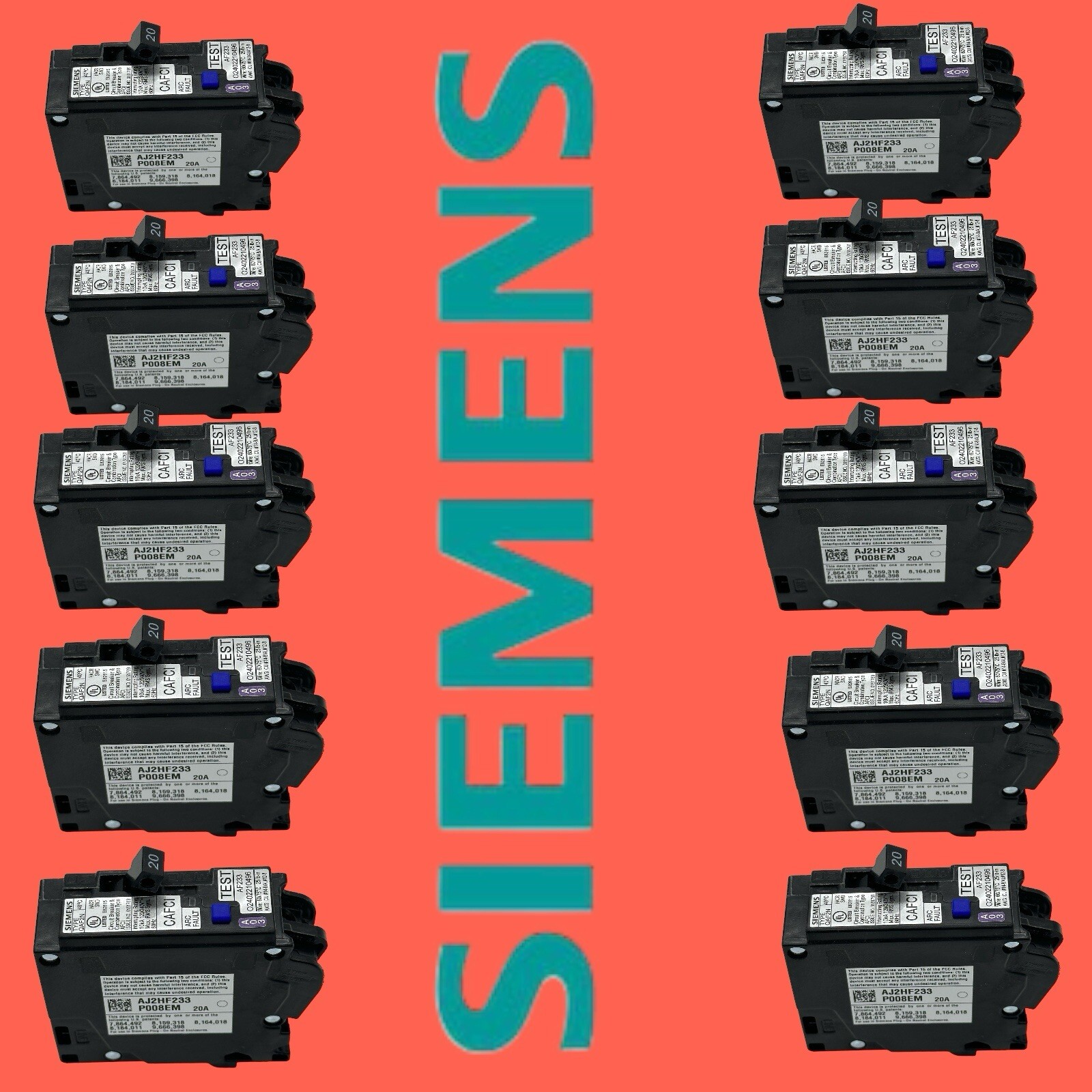 lot of 10, circuit breakers siemens, QA120AFCN 20-amp plug on neutral ...