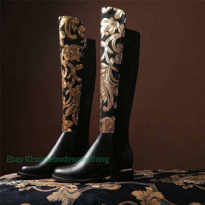 Womens Leather Round Toe Golden Floral Knee High Riding Boots Winter ...