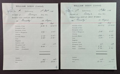 1925 William Dixon Ltd Govan Iron Works Iron Ore Analysis Documents Lot ...