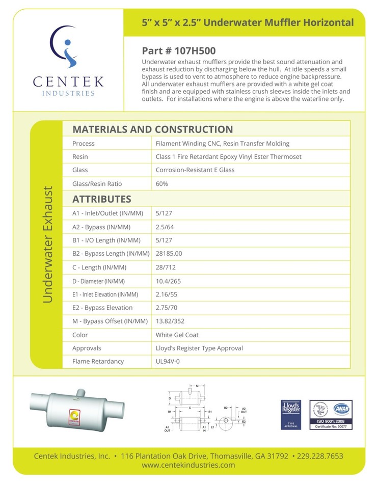 Centek 5" Marine Muffler Vernatone Wet Exhaust Round Straight 107H500 ...