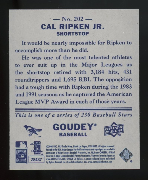 2008 Upper Deck Goudey Mini Blue Backs SP #202 Cal Ripken Jr. Baltimore ...
