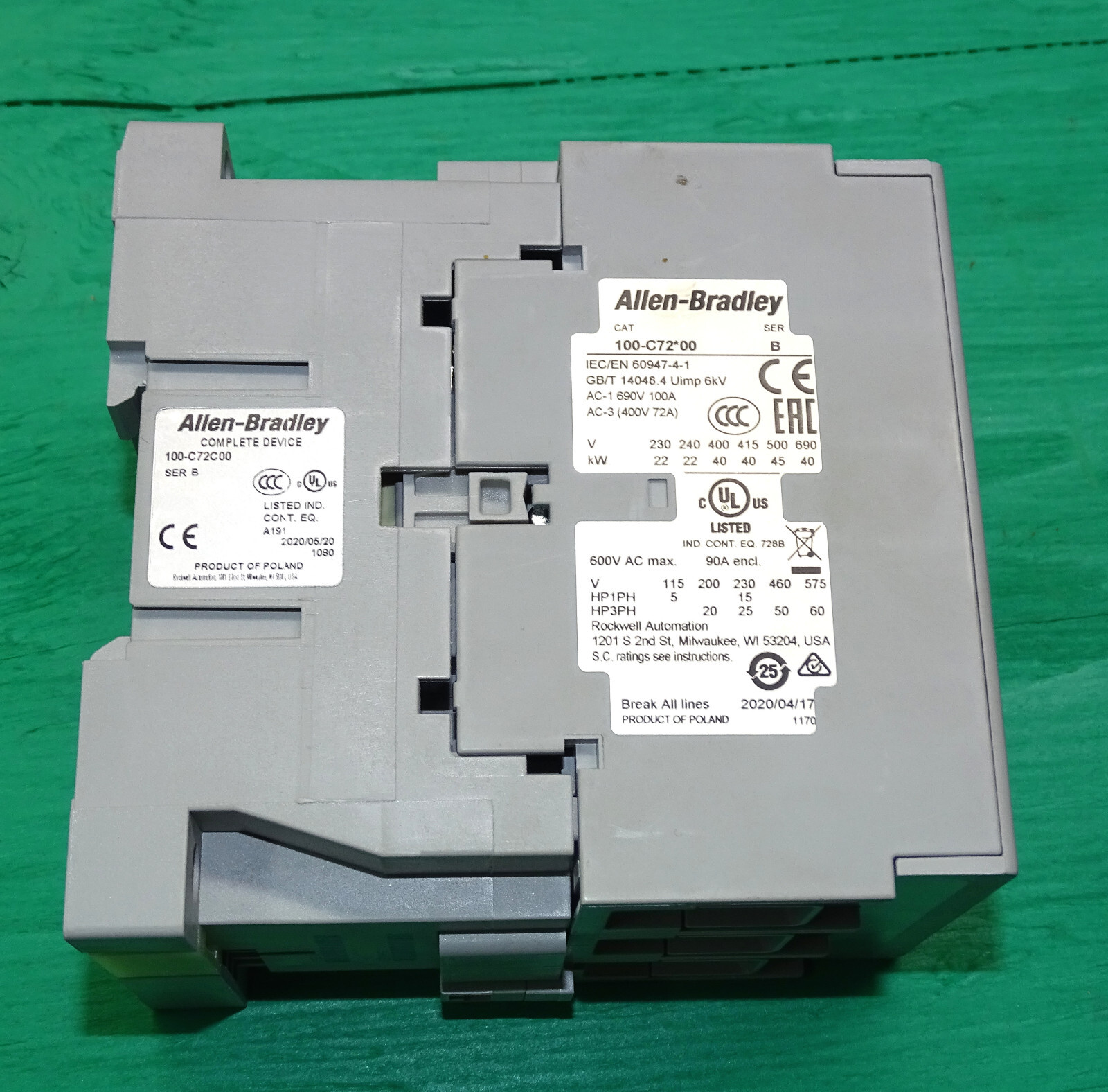 Allen Bradley Contactor, 100-C72*00 Series B, 600 Volt AC coil, 100 Amp ...