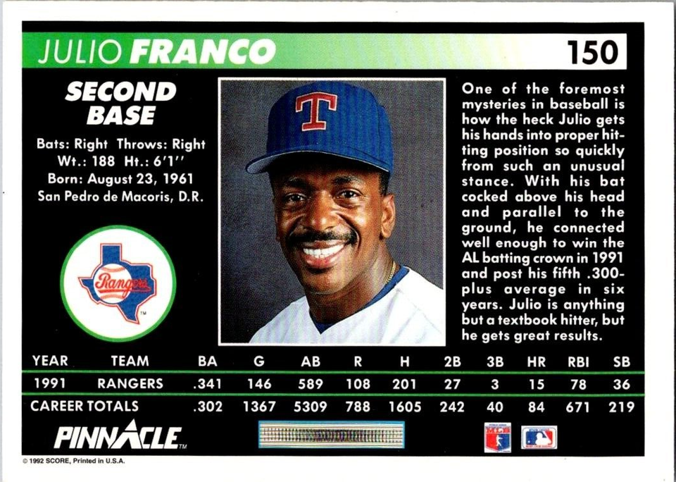 1992 Score Julio Franco #108 Texas Rangers Card Baseball | eBay