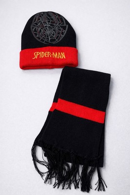Spider-Man Winter Beanie & Scarf Set | Black & Red Knit Hat + Fringe ...