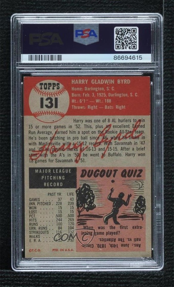 1953 Topps Harry Byrd (Bio Information is White) #131 PSA 6 Rookie RC ...