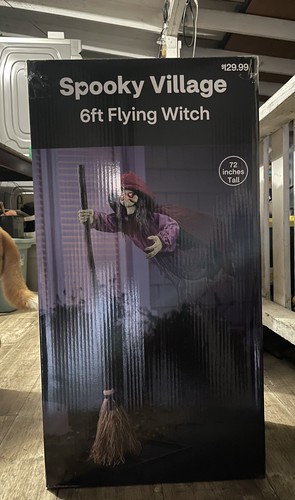 SPOOKY VILLAGE ANIMATED FLYING WITCH 6 FT talking Halloween prop evil ...
