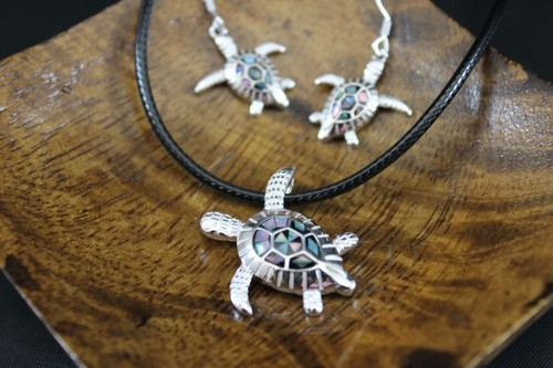 STERLING SILVER 2pc PENDANT/EARRING INLAY ABALONE SHELL TURTLE JEWELRY ...