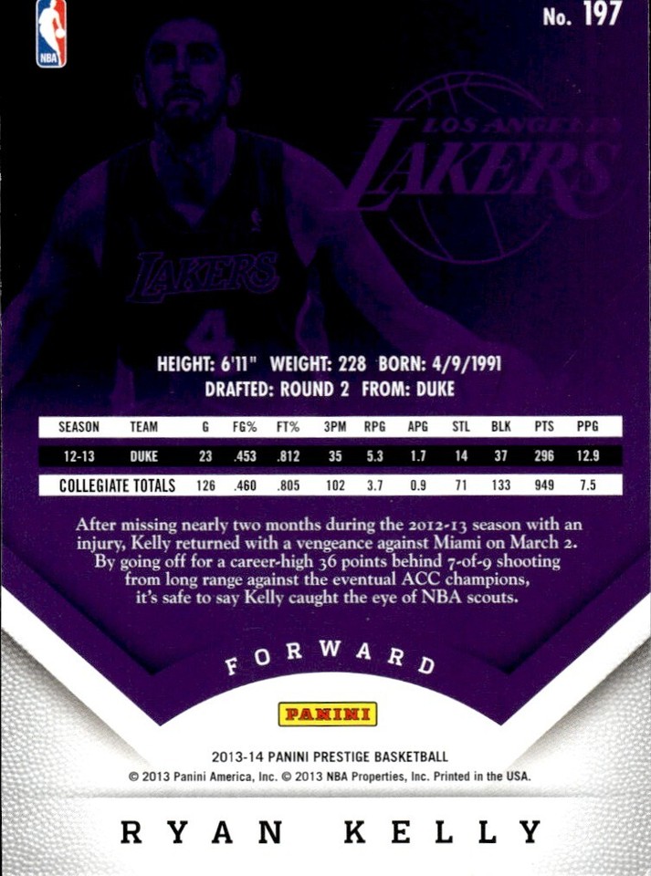 2013-14 Panini Prestige Ryan Kelly Rookie Los Angeles Lakers #197 | eBay