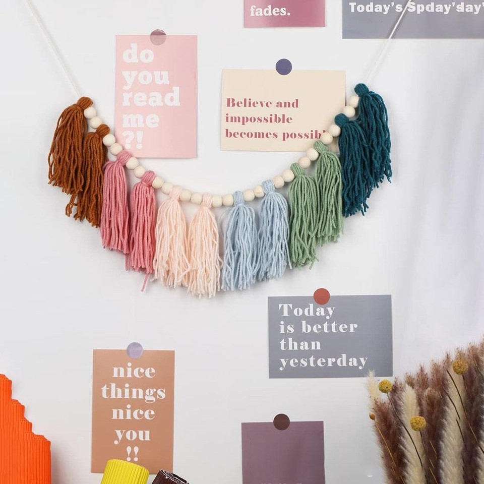 Wooden beaded pompom tassel string woven pendant S7T2 S1O2 H2U7 I5Q5 ...