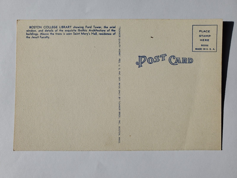 Linen Postcard - BOSTON COLLEGE LIBRARY CHESTNUT HILL MASSACHUSETTS ...