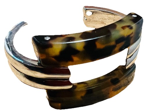 Ralph Lauren RLL Faux Tortoise Shell Cuff Bracelet Silver Tone Preppy ...