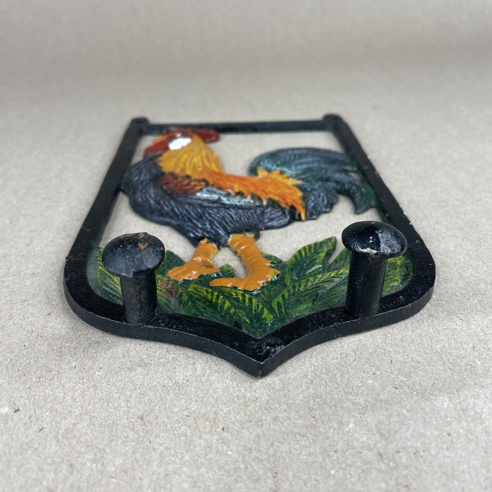 Vintage Hand Painted Cast Iron Rooster Chicken Wall Hanging Jacket Key ...