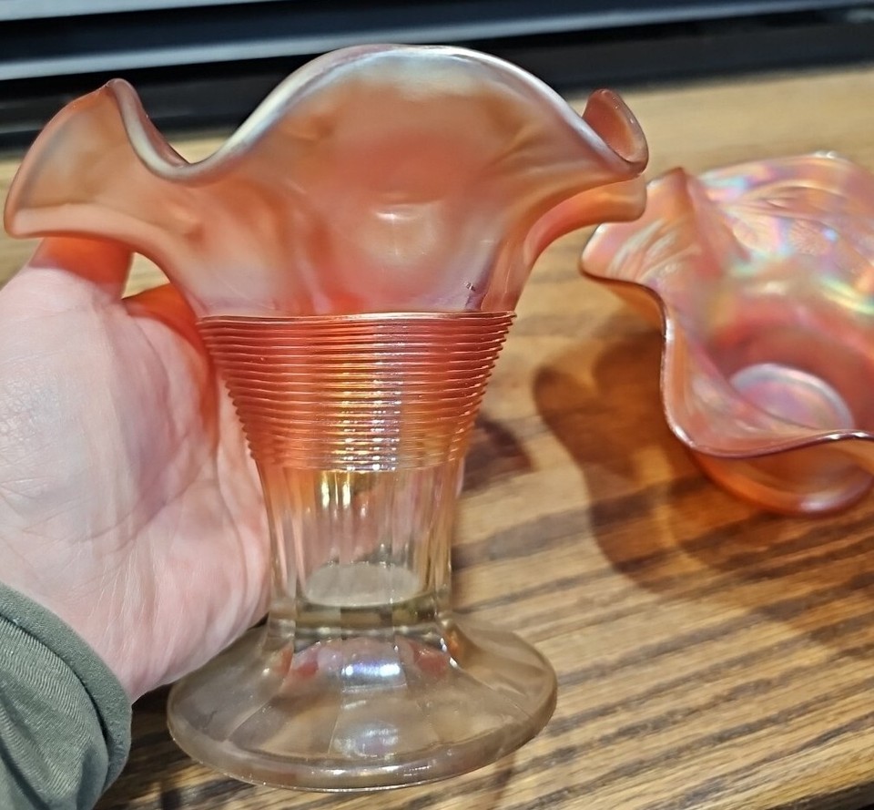 Antique Carnival Glass Peach Iridescent Luster Ruffled Rim Candy Dish ...
