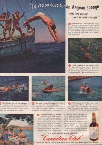 1948 CANADIAN CLUB WHISKEY SPORT MEN SAILBOAT SWIMMING AEGEAN SPONGE AD ...