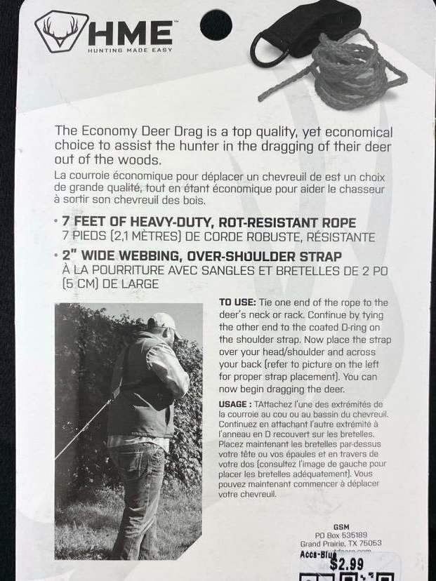 HME Economy Deer Drag 7 ft. of Heavy Duty 2 Inch Wide Webbing EDD NEW ...