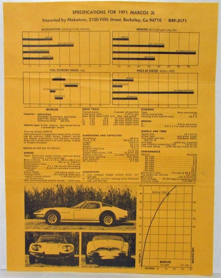 1971 Marcos 3L Sales Brochure Spec Sheet with Letter Envelope ...