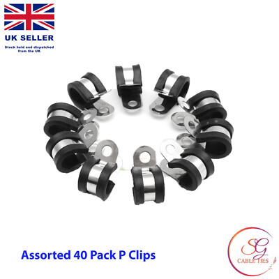 40 Pack Assorted Mixed Rubber Lined Zinc Plated Metal P Clips for Wire ...