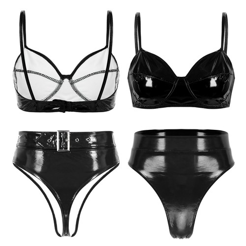 Sexy Womens Lingerie Set PVC Leather Bra Tops with Panties Teddy ...