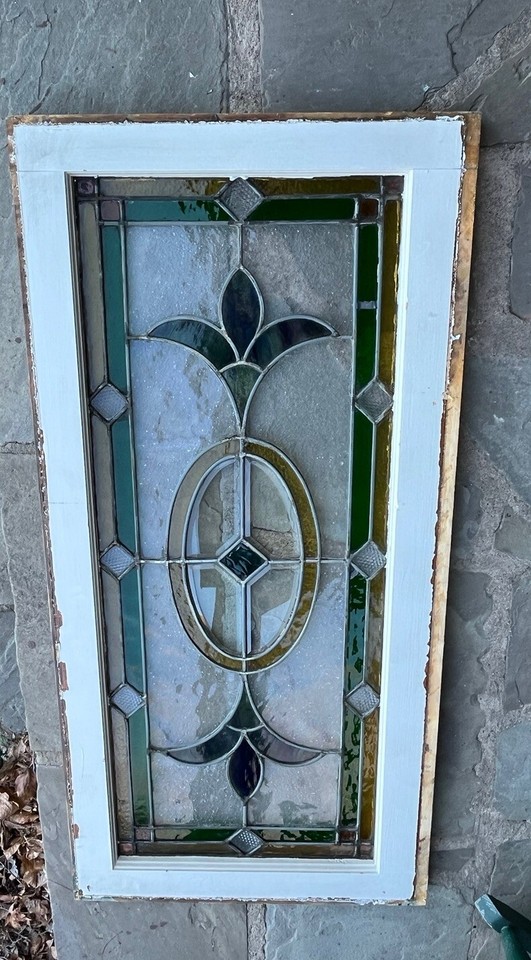 ANTIQUE STAINED LEADED GLASS WINDOW BEVELED/CUT GLASS ACCENTS COAL MINE ...