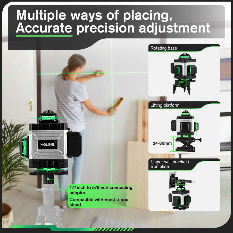 Laser Level 4D 16 Lines Laser Level 360° Self Leveling with 2 Battery ...
