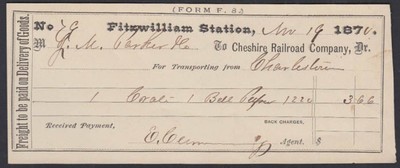 Cheshire Railroad Fitzwilliam Station freight bill to Charlestown 1870 ...