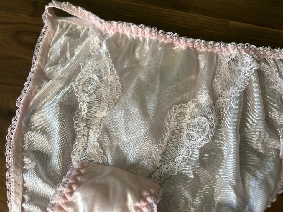 Vtg Nylon String Bikini Panties RARE Sz L Second Skin Lace PINK Shiny ...
