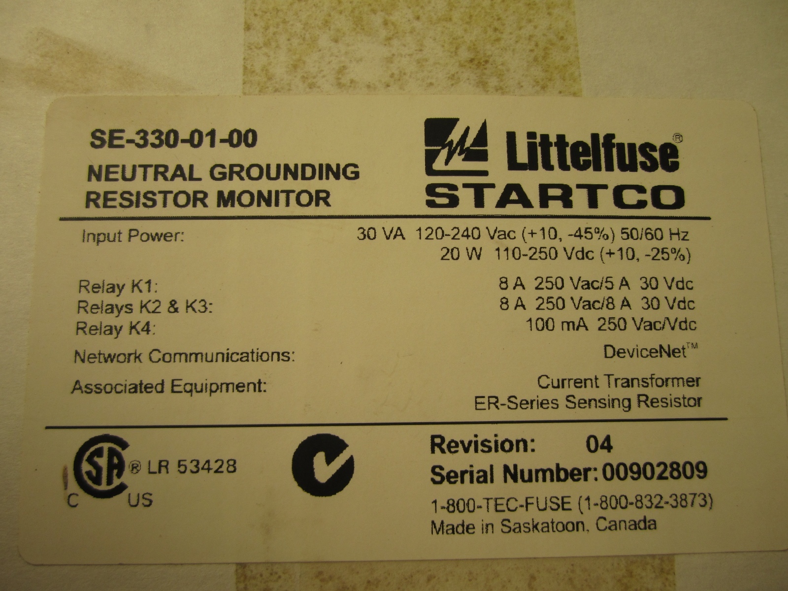 NEW LITTELFUSE STARTCO SE-330-01-00 NEUTRAL GROUNDING RESISTOR MONITOR ...