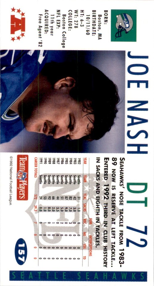 1992 NFL Gameday Tallboy Tall Boy JOE NASH Seattle Seahawks #157 | eBay