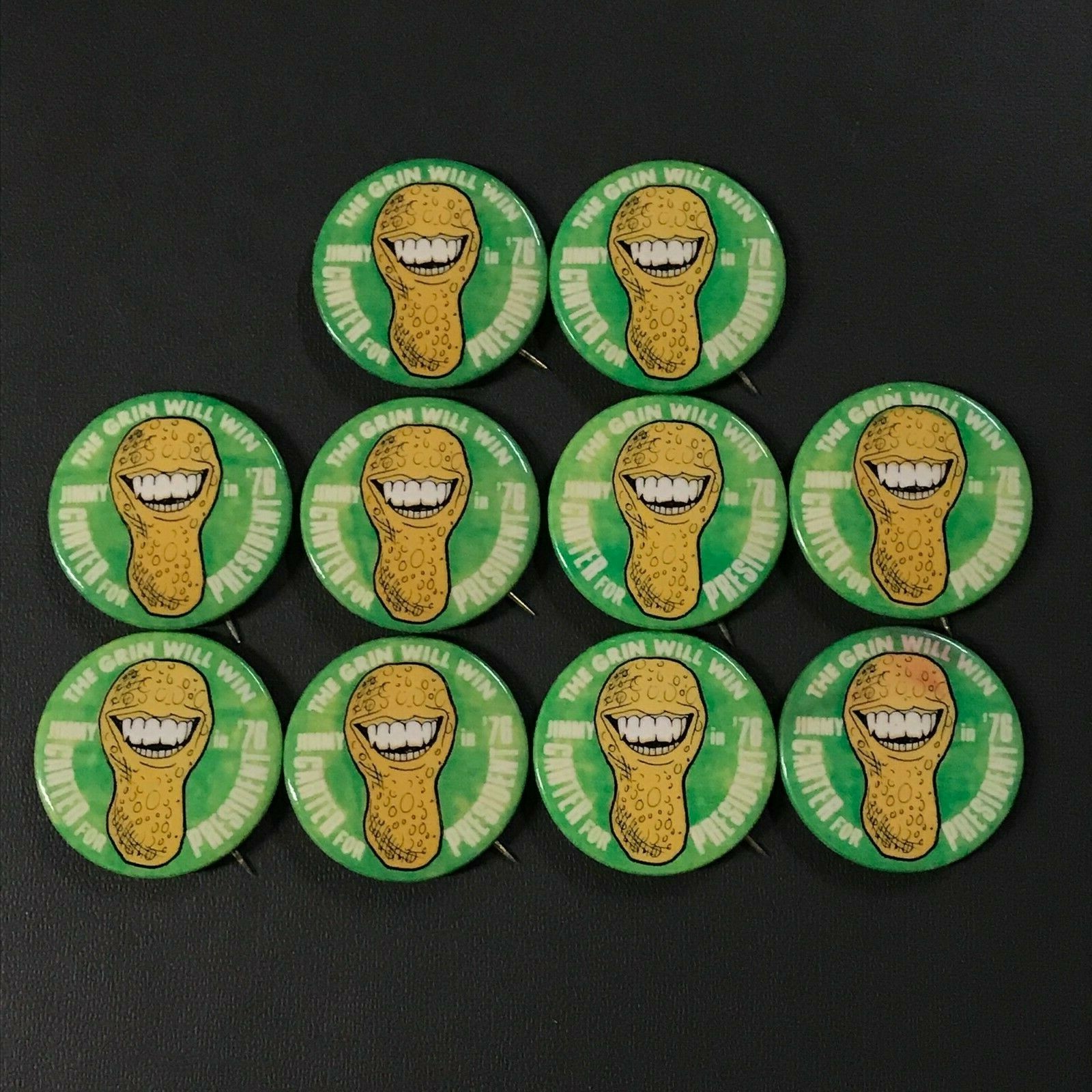 Jimmy Carter, Grin Will Win, Lot of 10 (1976) 1.75" Vintage Pin-Back ...