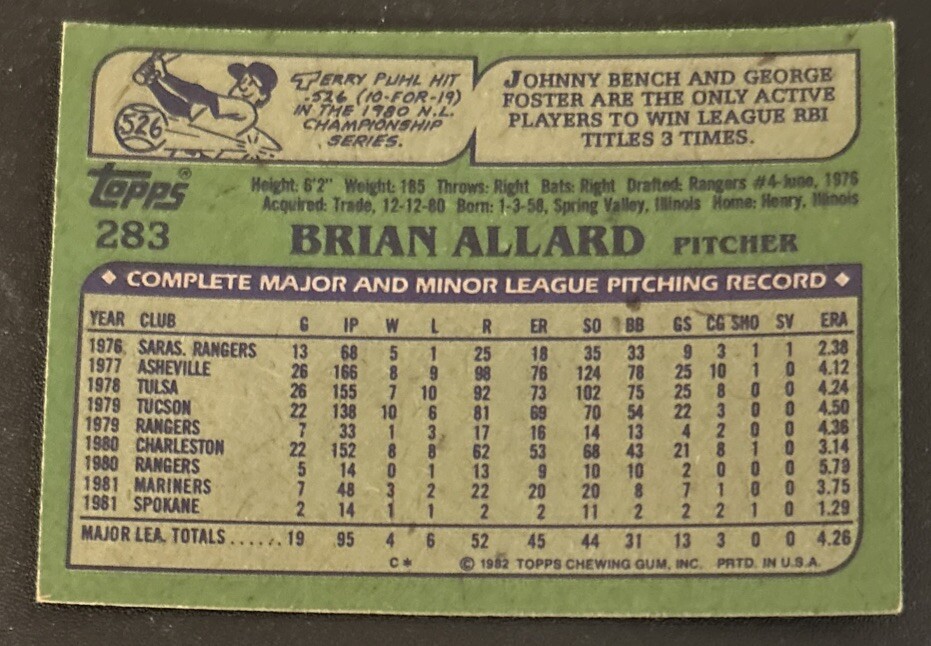 1982 Topps Brian Allard Baseball Card #283 Mariners Pitcher FR O/C | eBay