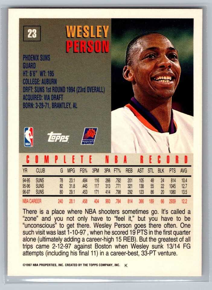 1997 Topps Basketball #23 Wesley Person Phoenix Suns | eBay