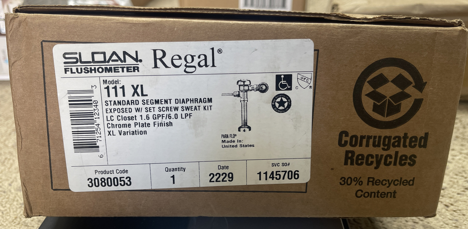 Sloan Regal 111 XL Flushometer Standard Diaphragm Exposed Chrome Plate ...