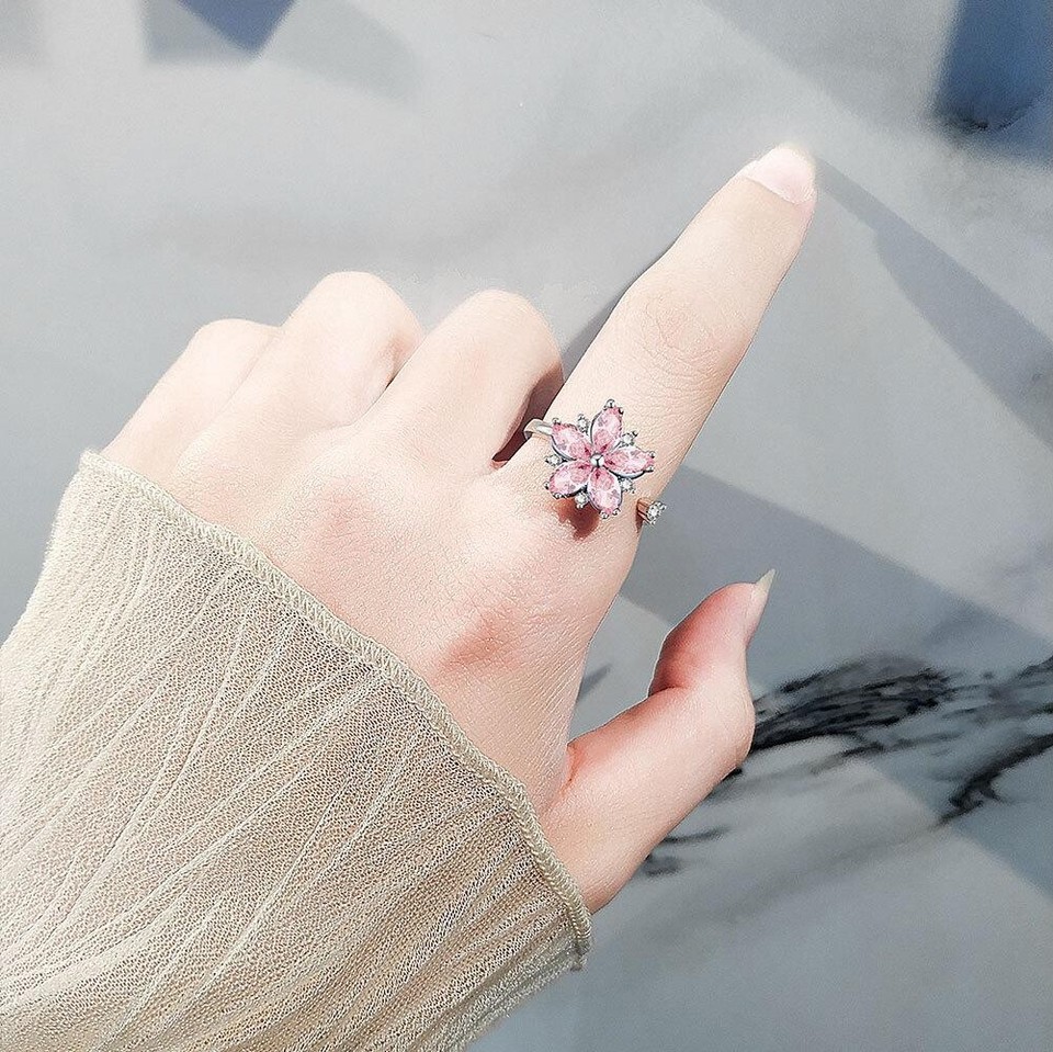 Creative Rotating Ring Female Cherry Pink Zirconia Flower Adjustable ...