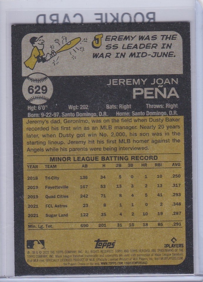 JEREMY PENA ROOKIE CARD 2022 Topps Heritage Baseball HOUSTON ASTROS RC ...