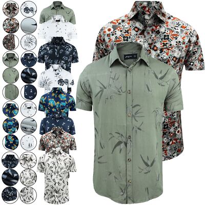 Springfield Mens Hawaiian Shirts Summer Palm Floral Short Sleeve Beach ...