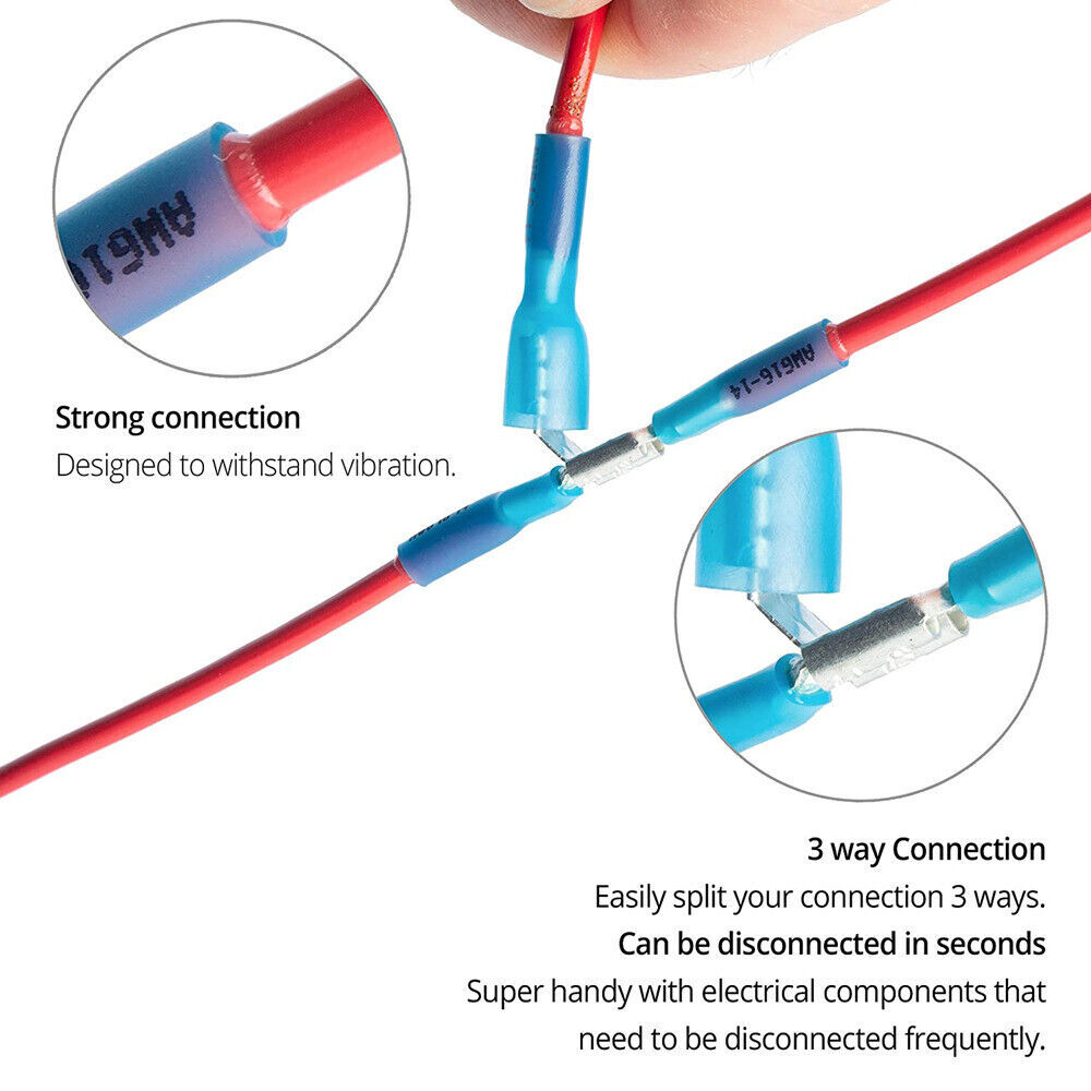 Blue Heat Shrink Piggyback Wire Connector 3-Way Spade Terminals 16 ...