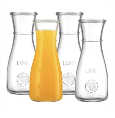 4 pack Small Clear Glass Beverage Carafe 12 oz. (350mL) LOVE imprinted ...