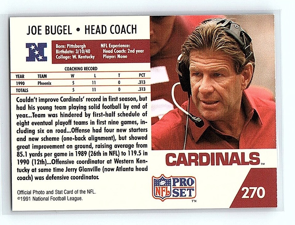 1991 Pro Set Head Coach Joe Bugel Phoenix Cardinals #270 | eBay