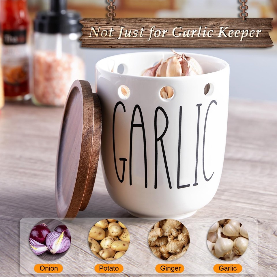 Large Garlic Keeper for Counter, Ceramic Garlic Keeper with Acacia Wood ...