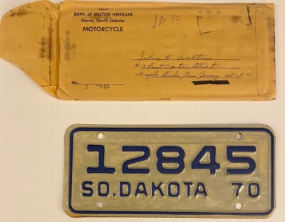 South Dakota 1970 MOTORCYCLE License Plate WITH ENVELOPE # 12845 | eBay ...